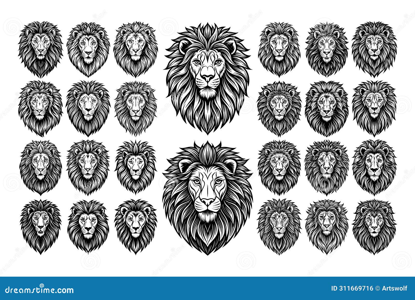 Tshirt Design of Front View Hand Drawn Lion Head Set Stock Illustration ...