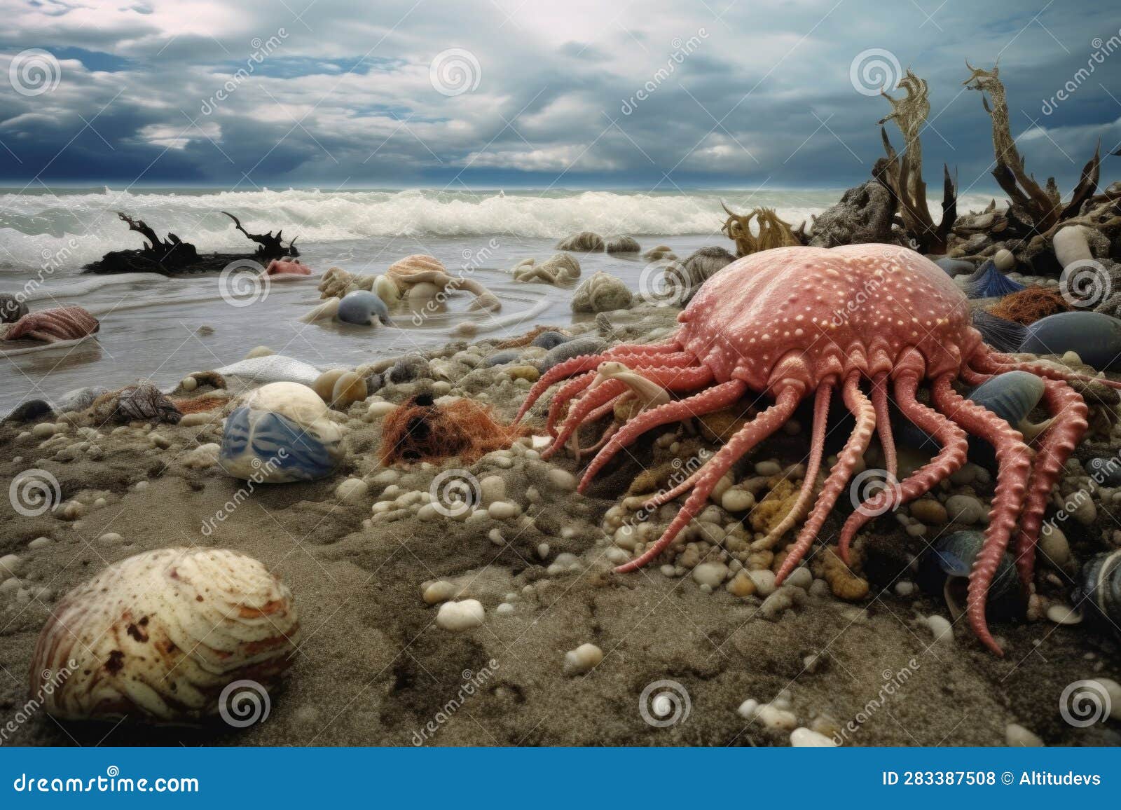 Tsunami Aftermath: Stranded Sea Creatures on the Beach Stock ...