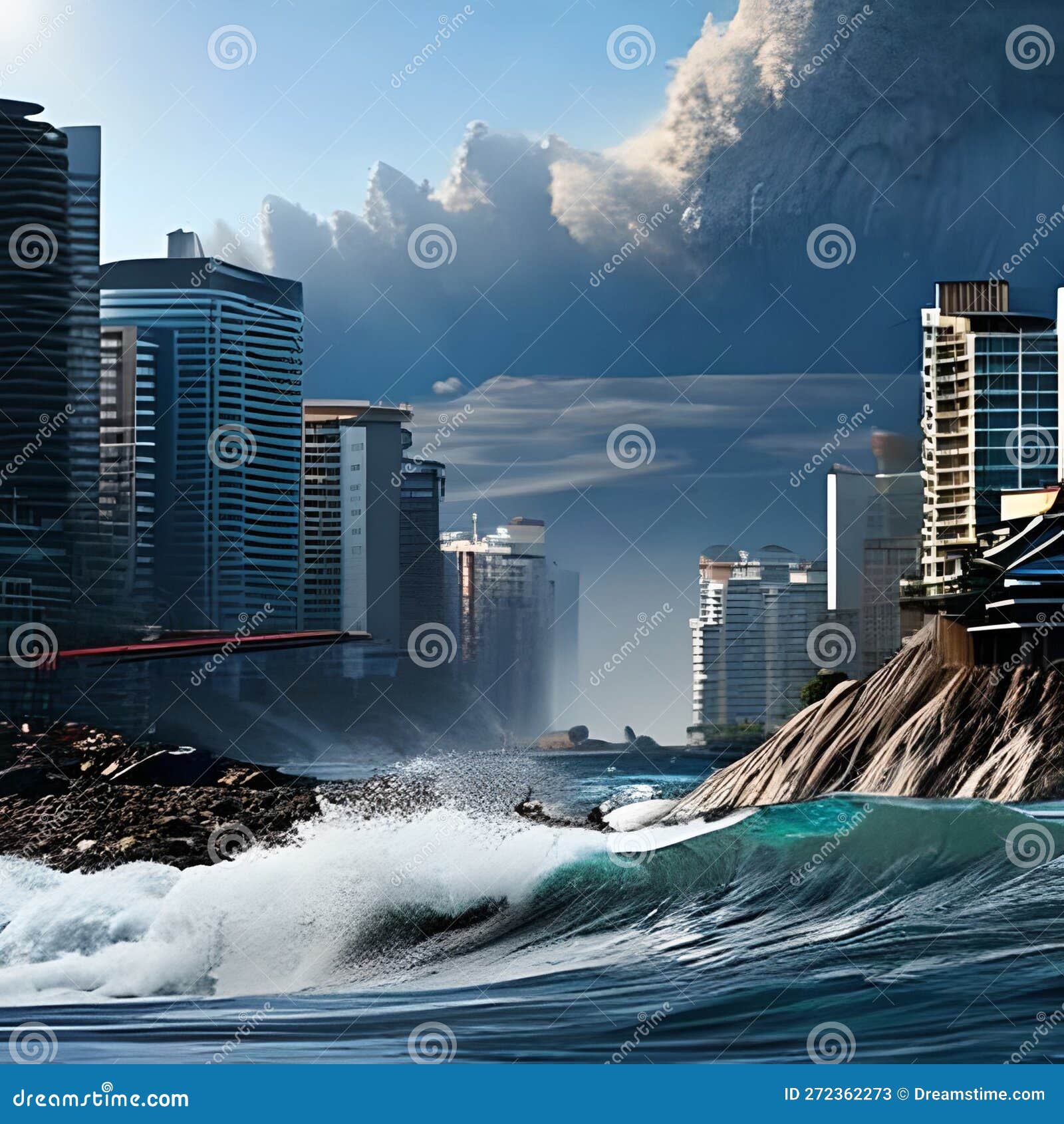 Tsunami Coming into the City Stock Illustration - Illustration of coast ...