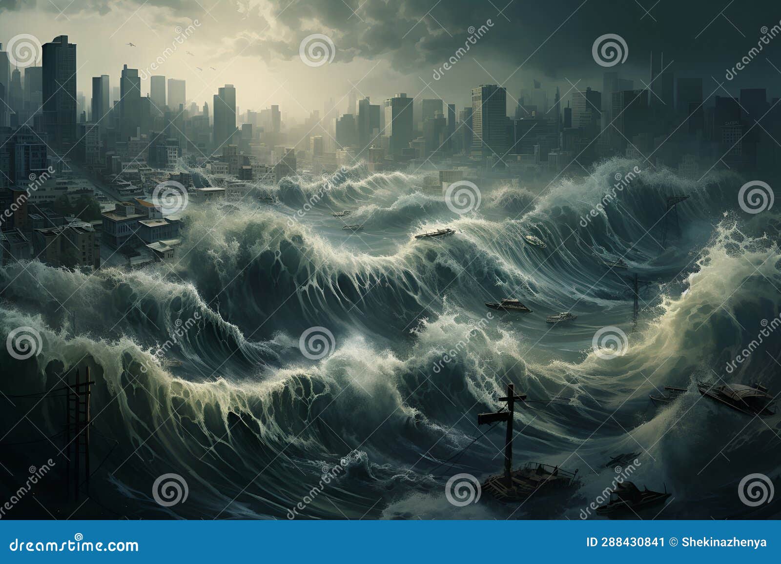 Tsunami, Flood, Wave Covers The City And Destroys. Generated AI Royalty ...