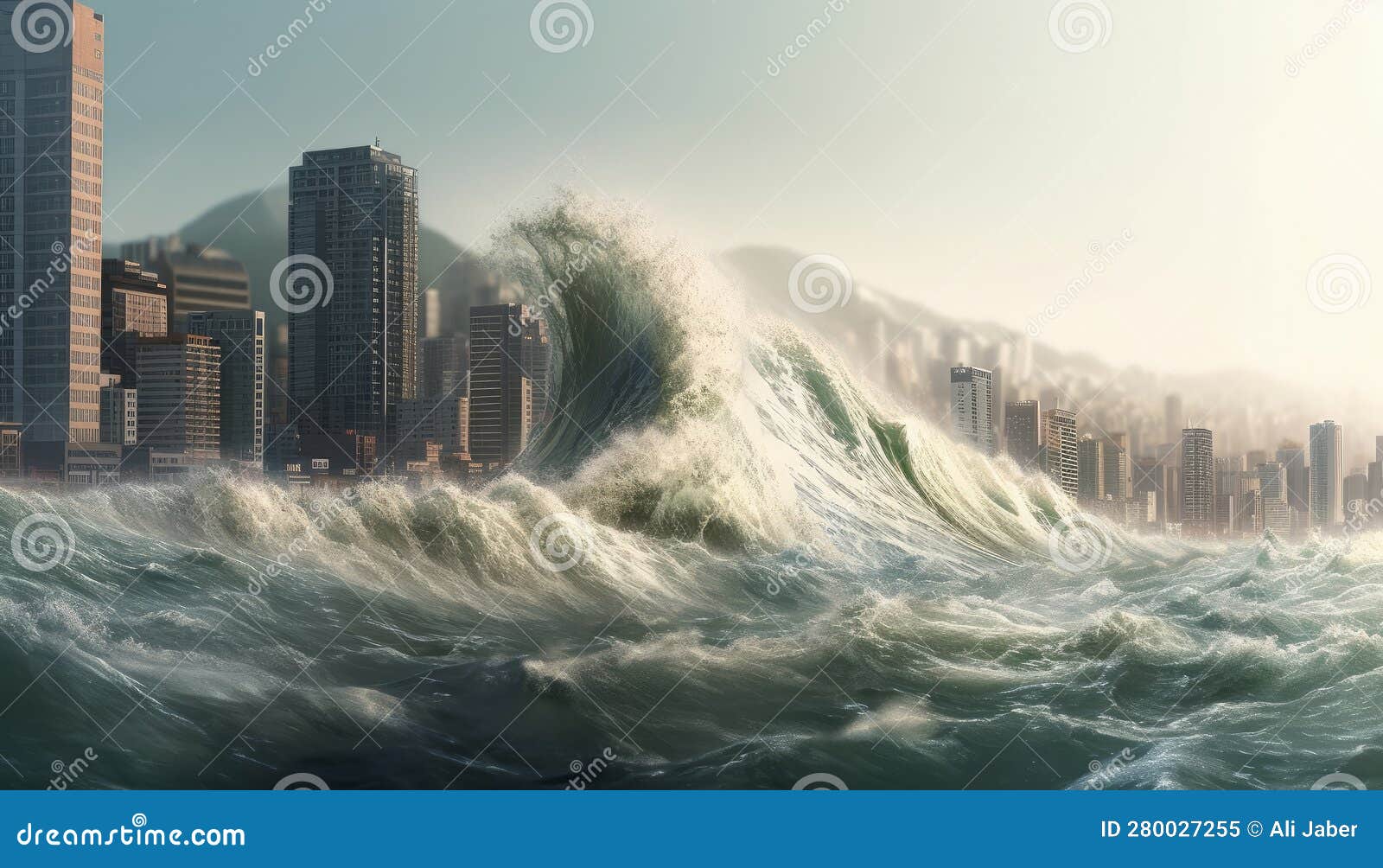 Tsunami Hitting a City Ai, Ai Generative, Illustration Stock ...