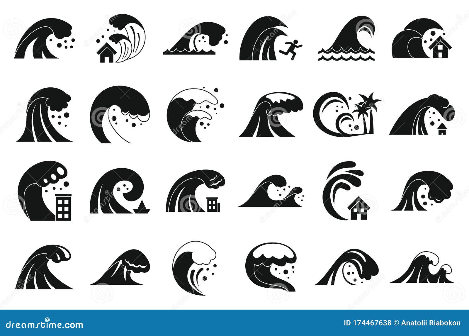 Tsunami Icons Set, Simple Style Stock Vector - Illustration of seismic ...