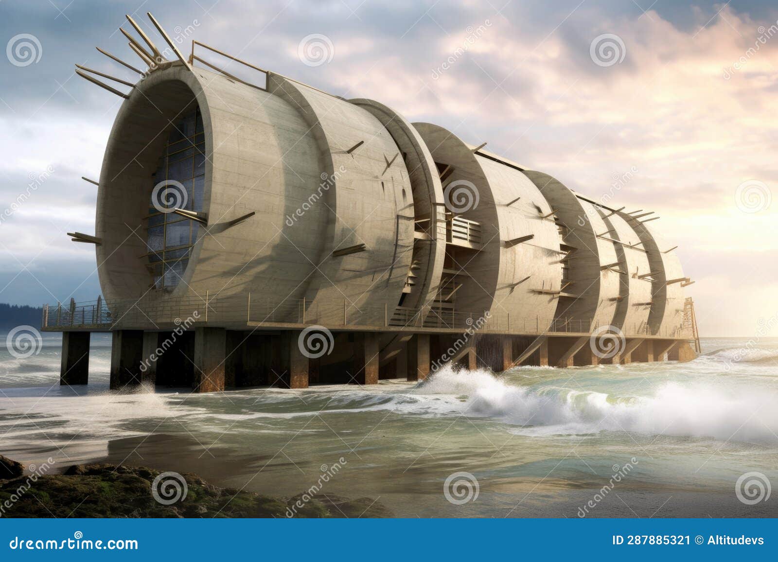 Tsunami Building. Flood House. Many Of Water Architecture. Cartoon ...