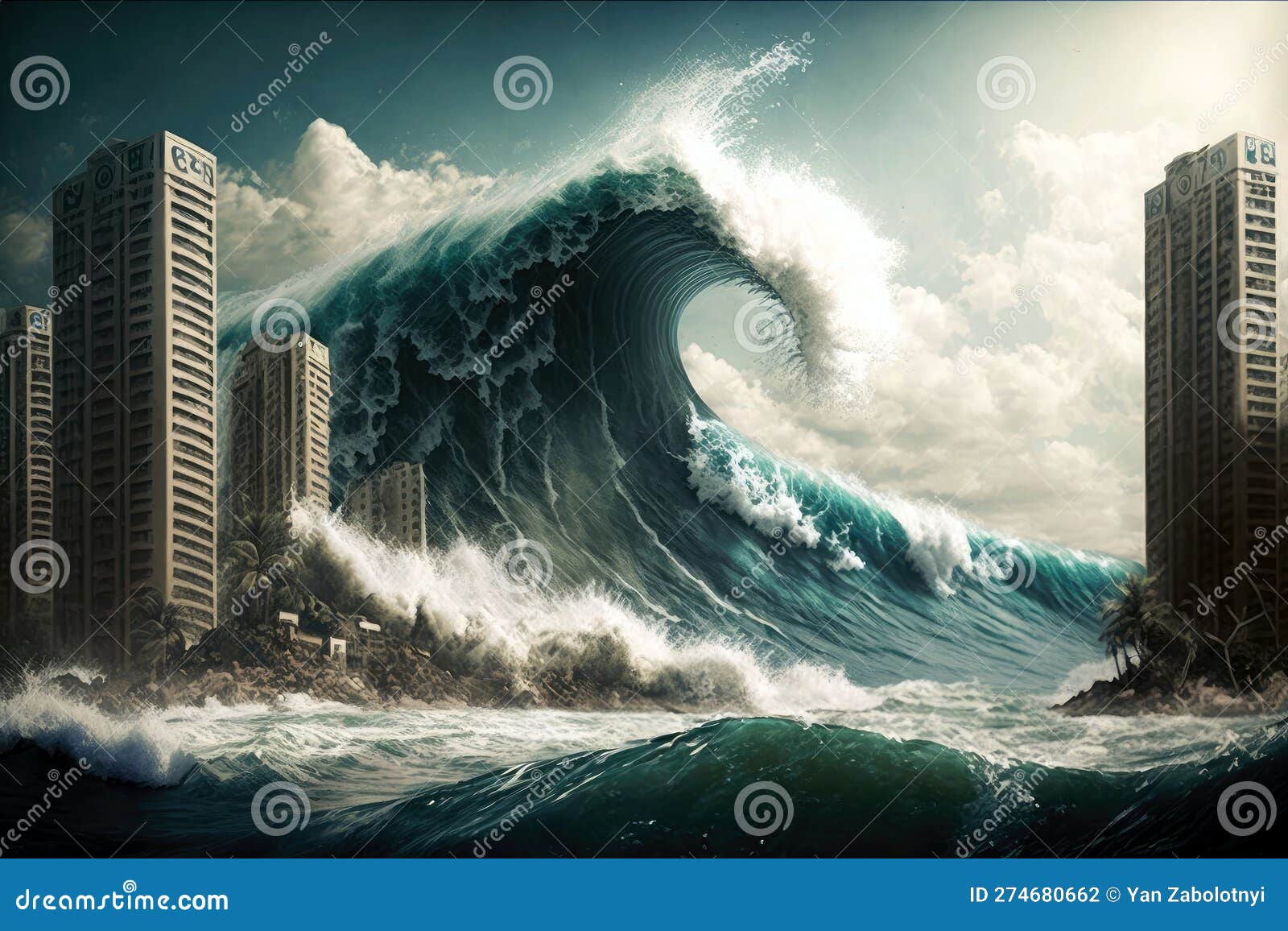 Tsunami Water among Highrise Buildings. Generative AI Stock ...