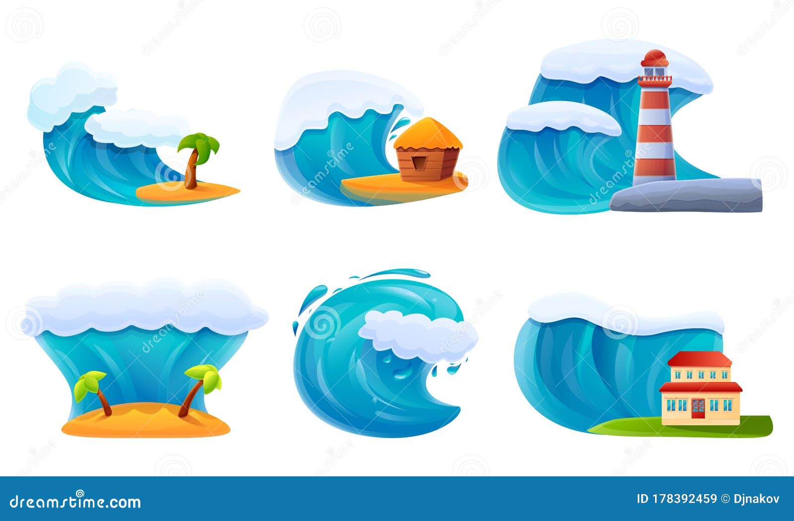 Tsunami and Waves Cartoon Icons Set Stock Illustration - Illustration ...