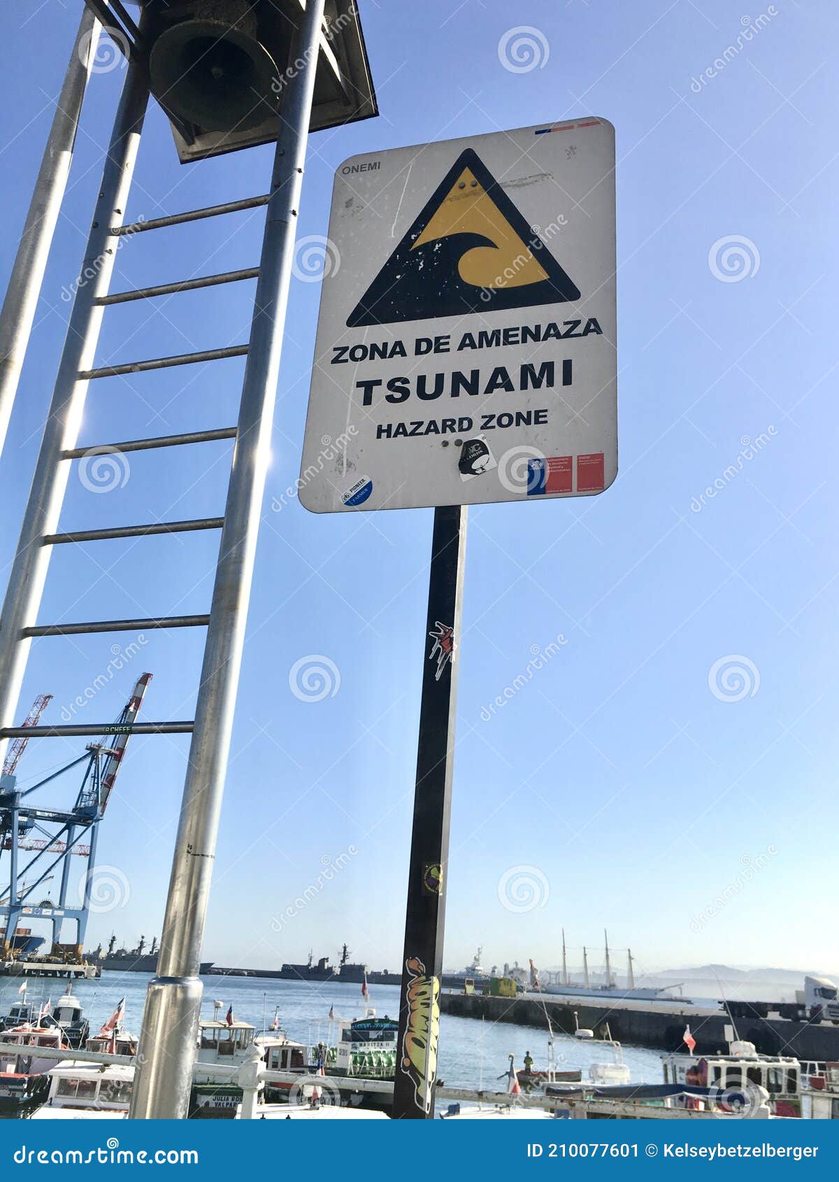 Tsunami Zone Sign by a Ladder Stock Image - Image of sign, wind: 210077601