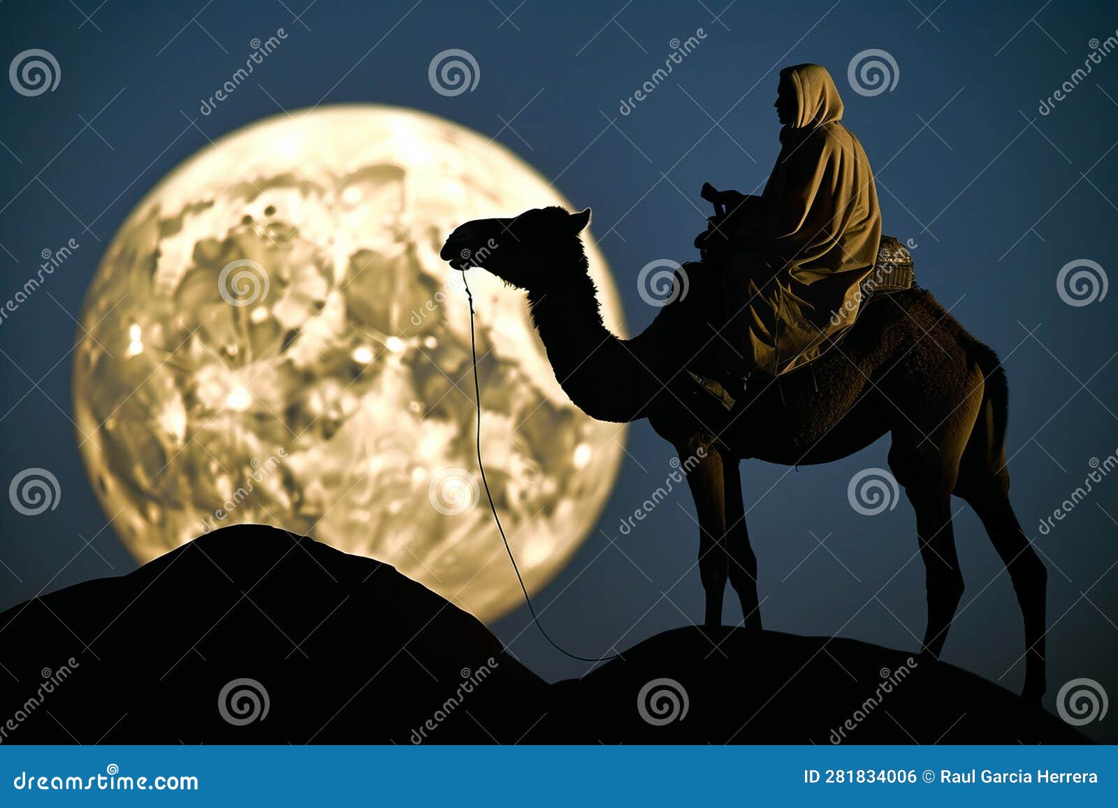 Tuareg Riding A Camel In Desert At Night With Full Supermoon In The ...