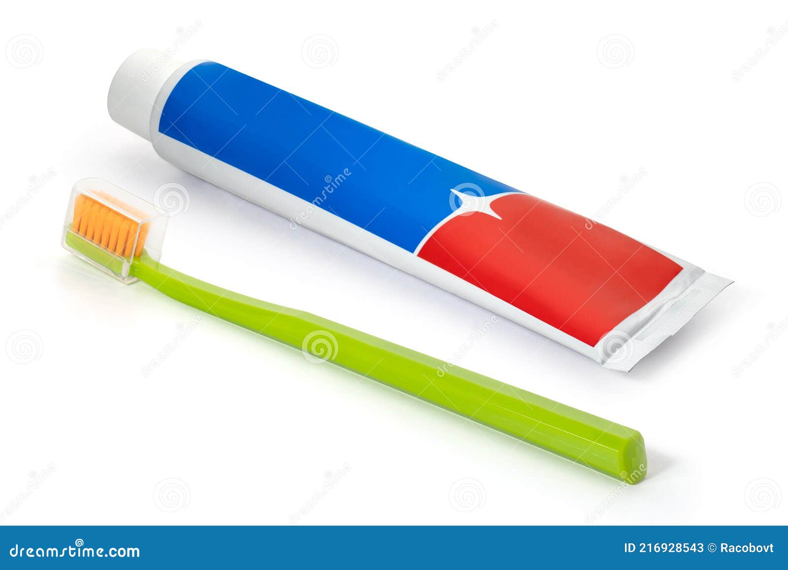 A Tube of Red and Blue Toothpaste and a Toothbrush on a White ...