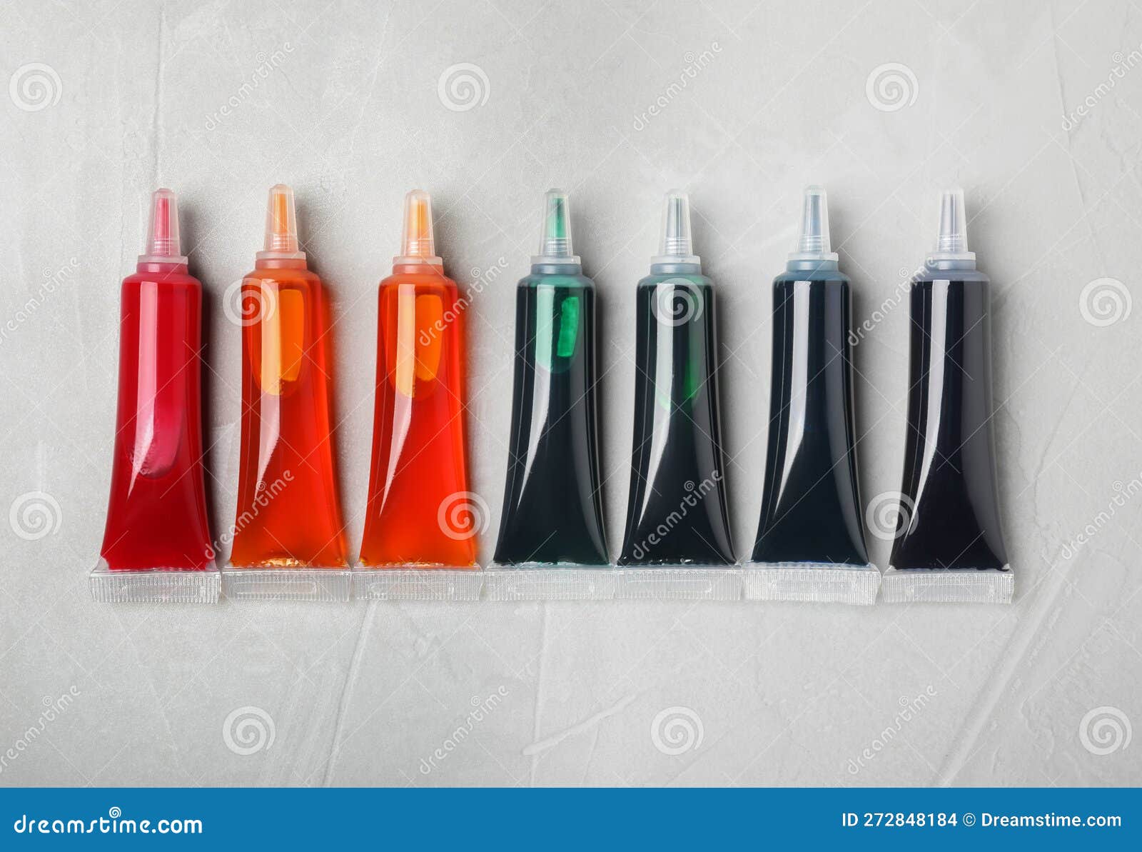 Tubes with Different Food Coloring on White Background, Flat Lay Stock ...