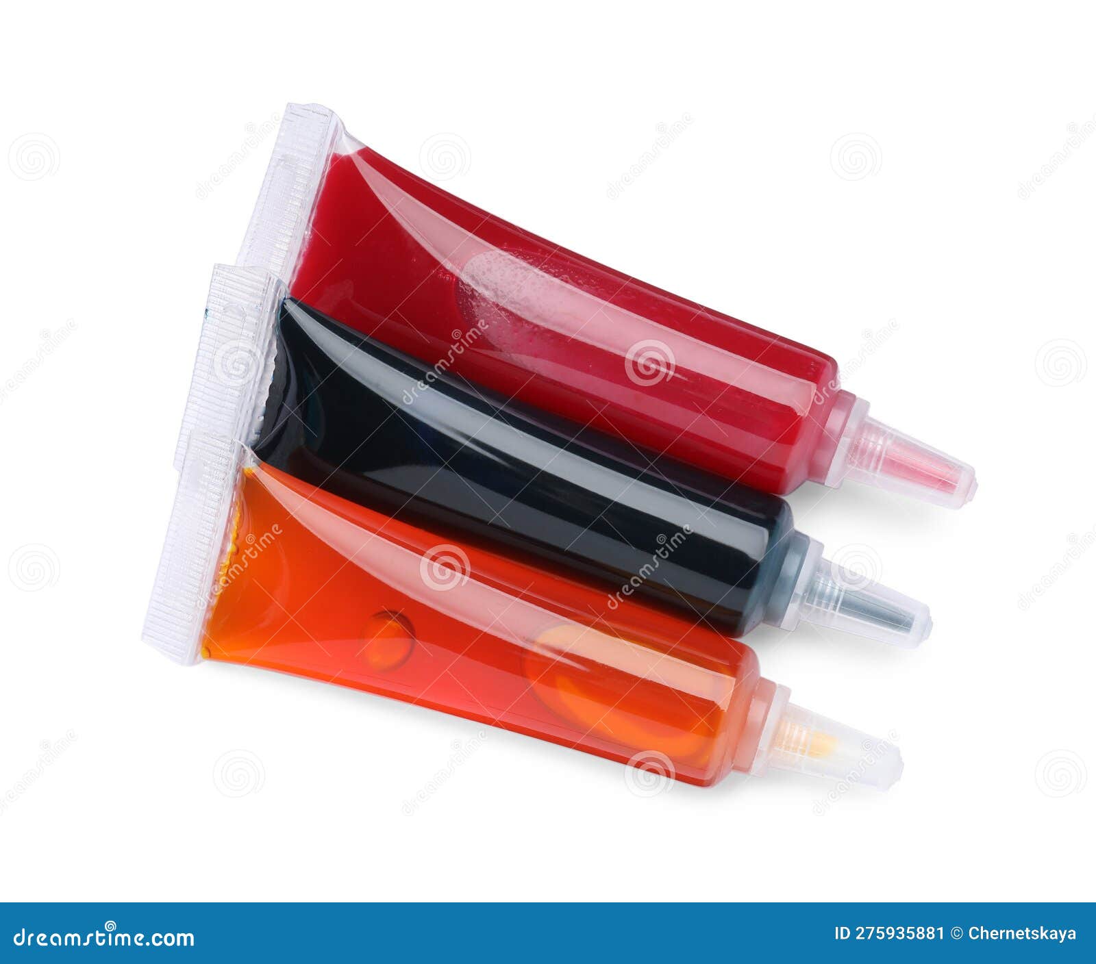 Tubes with Different Food Coloring on White Background, Top View Stock ...