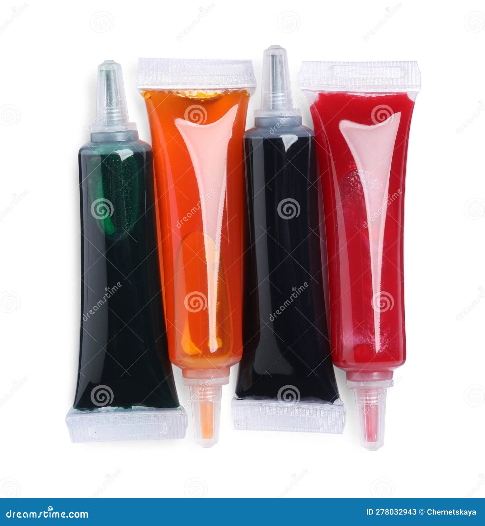 Tubes with Different Food Coloring on White Background, Top View Stock ...