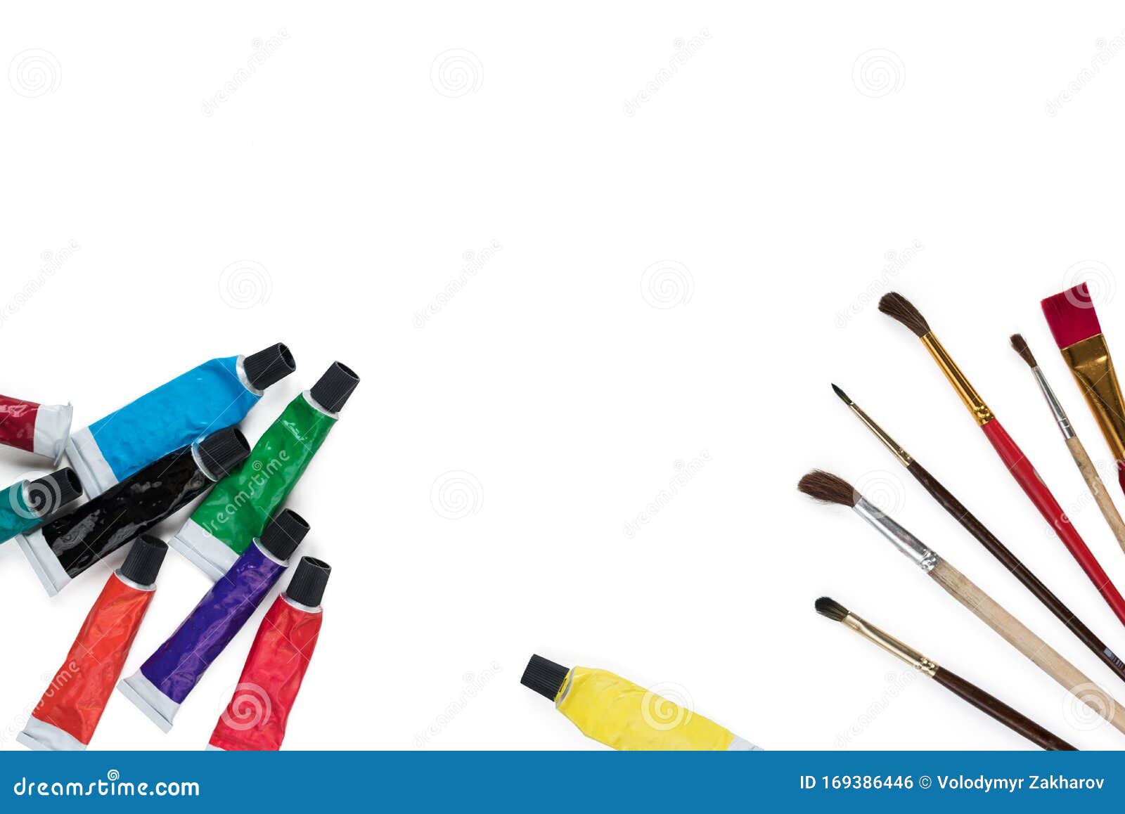 Tubes with Multi-colored Acrylic Paints and Paintbrushes Isolated on ...