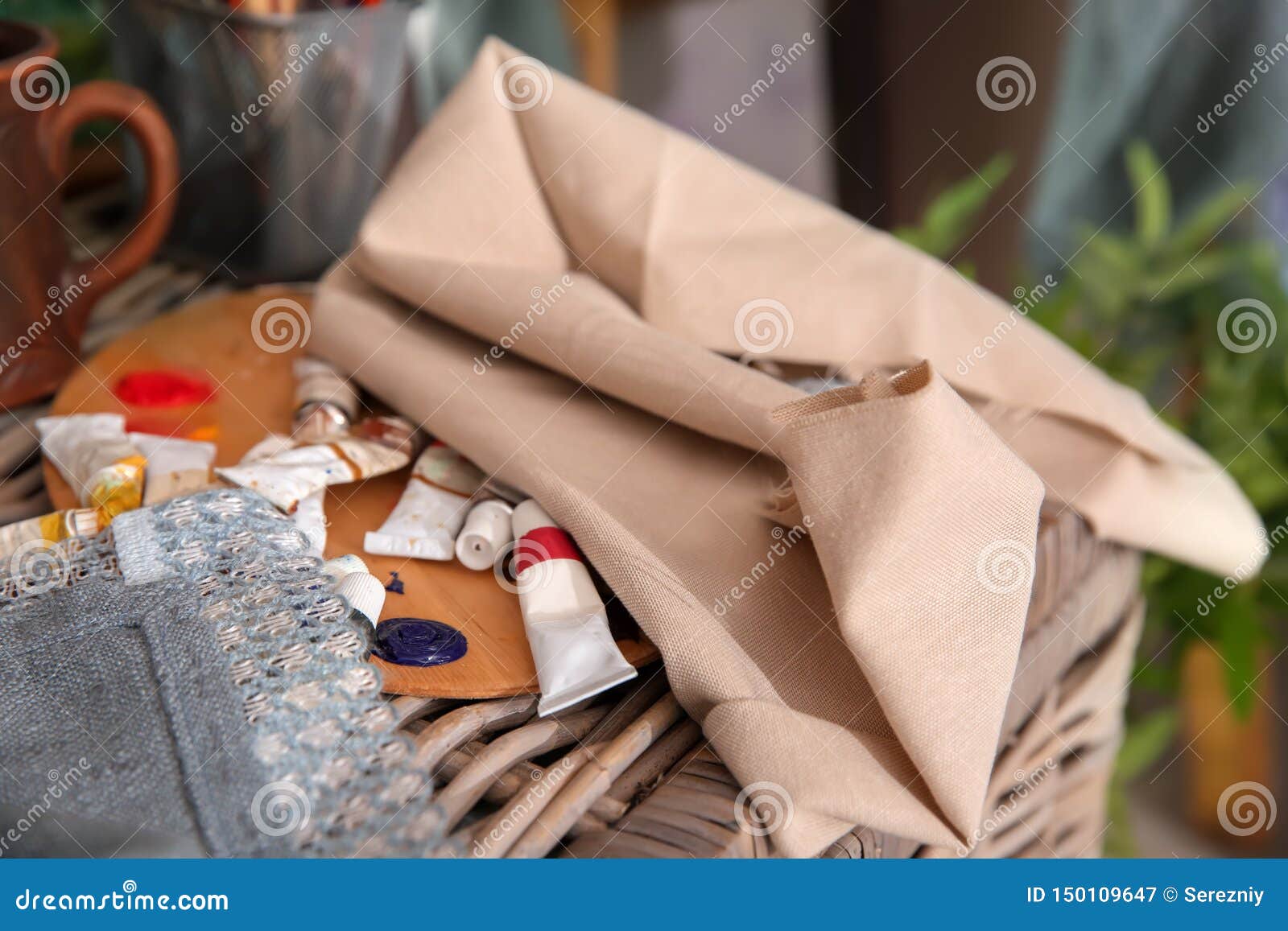 Tubes with Paints and Palette on Wicker Basket in Artist S Workshop ...