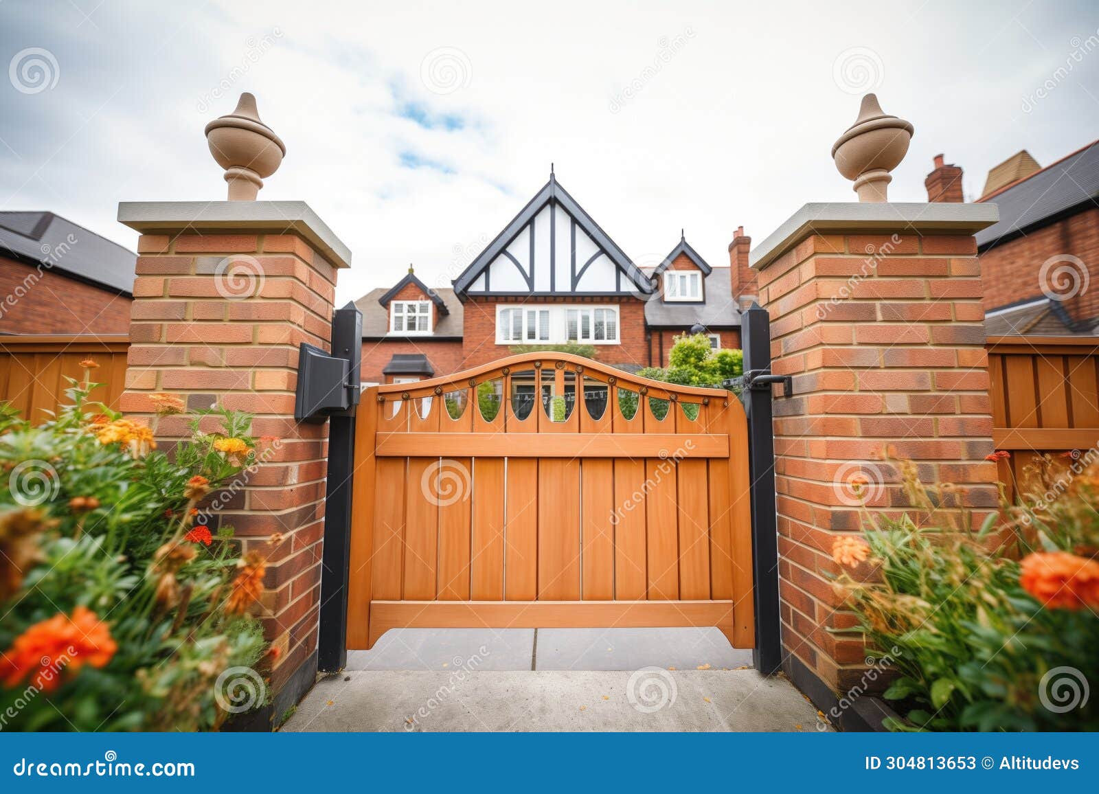 Tudor Estate Gate with Brick and Timber Details Stock Image - Image of ...