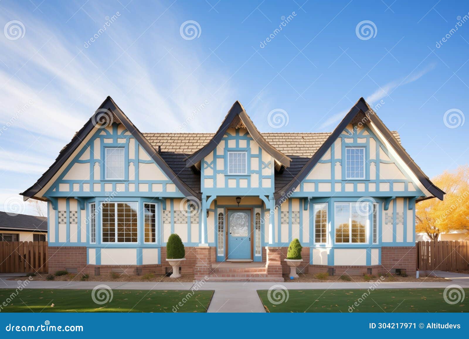 Tudor Home with Diamond Windows and Blue Sky Backdrop Stock Image ...