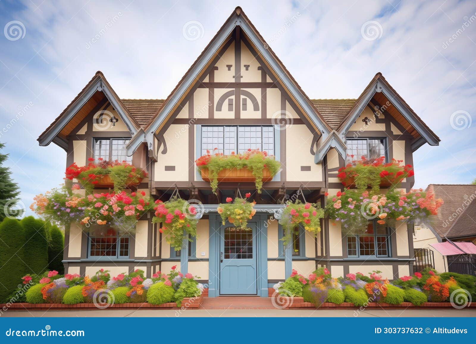Tudor House Front Gable with Hanging Flower Baskets Stock Photo - Image ...