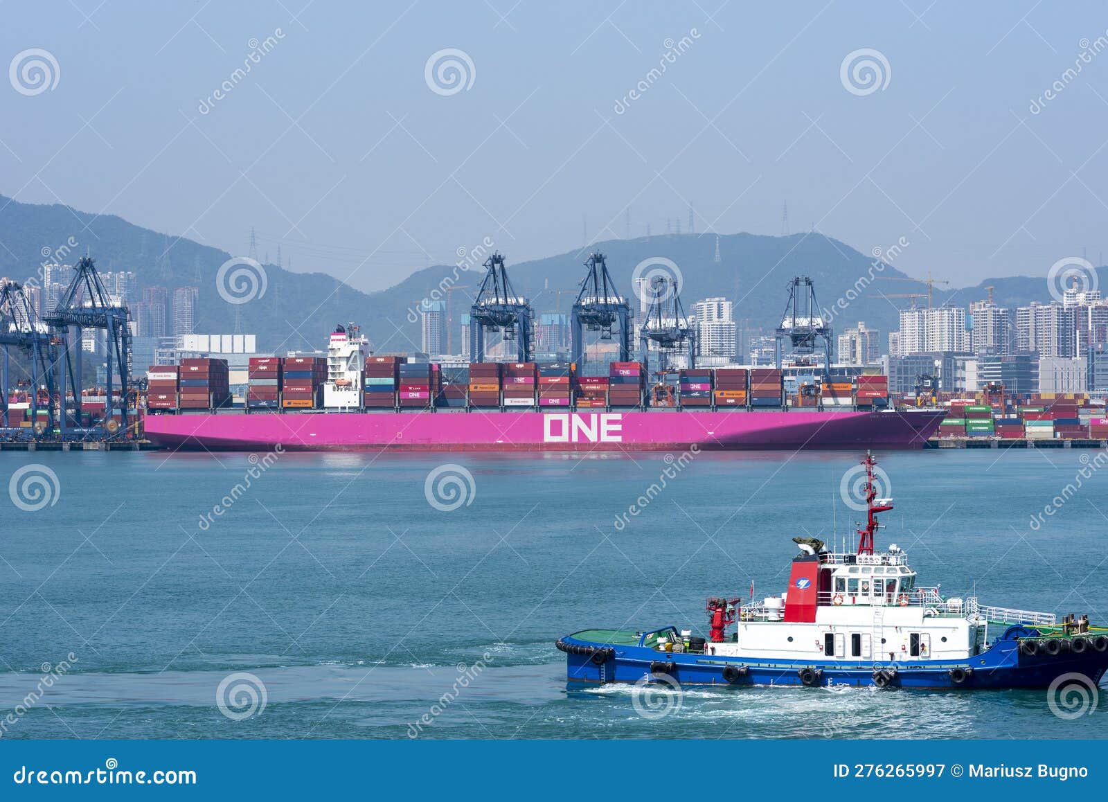 Tug Boat Sailing On The Background Of The Large Pink Container Ship