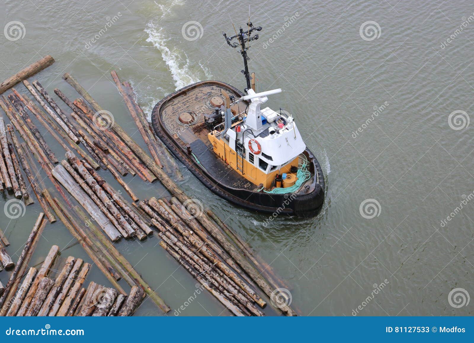 Tug Boat Transporting Log Boom Stock Image - Image of bunch ...