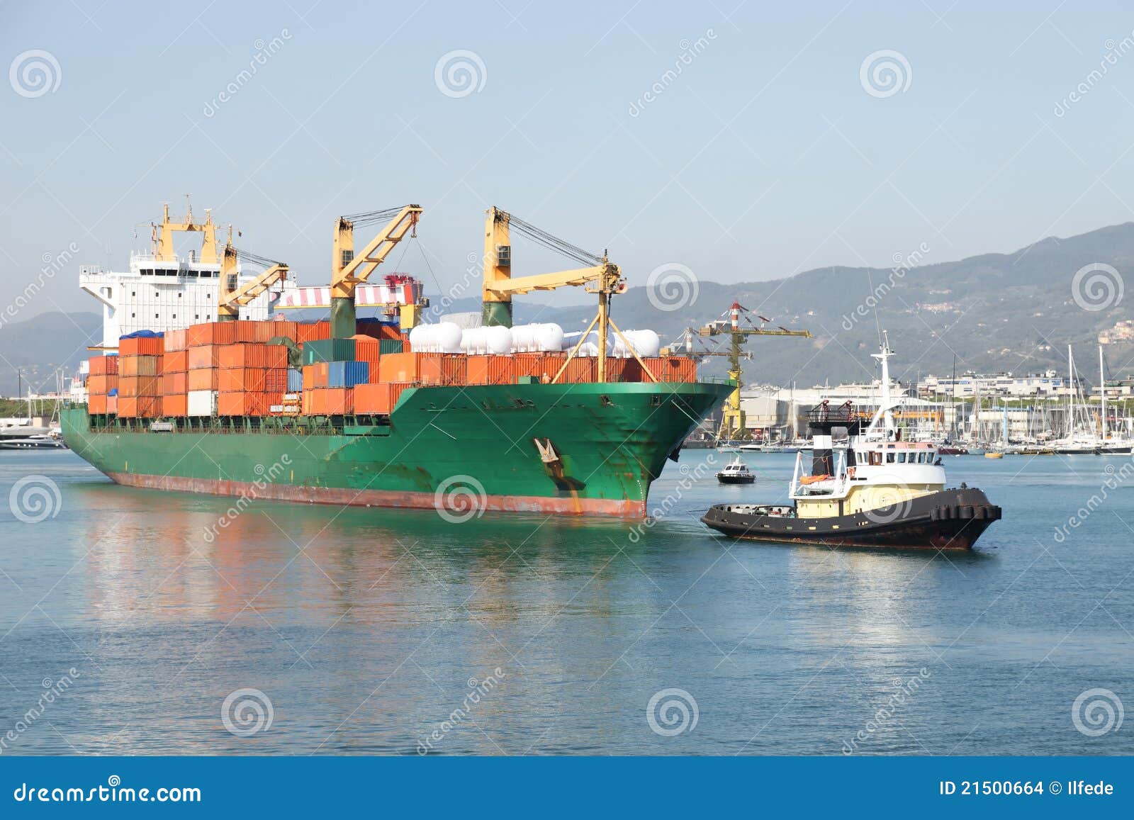 Tug and container ship stock photo. Image of import, cargo - 21500664