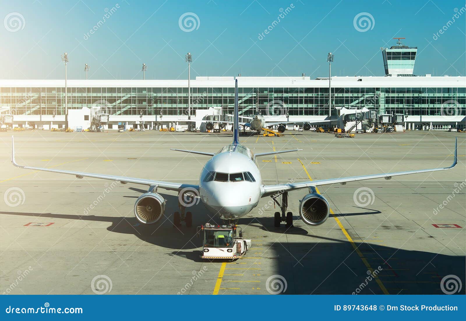 TUG Pushback Tractor with Aircraft. Stock Photo - Image of airplane ...