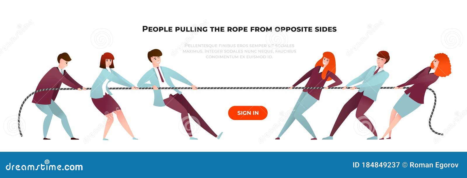 Tug War Banner. Cartoon Diverse People Pulling the Rope from Opposite ...