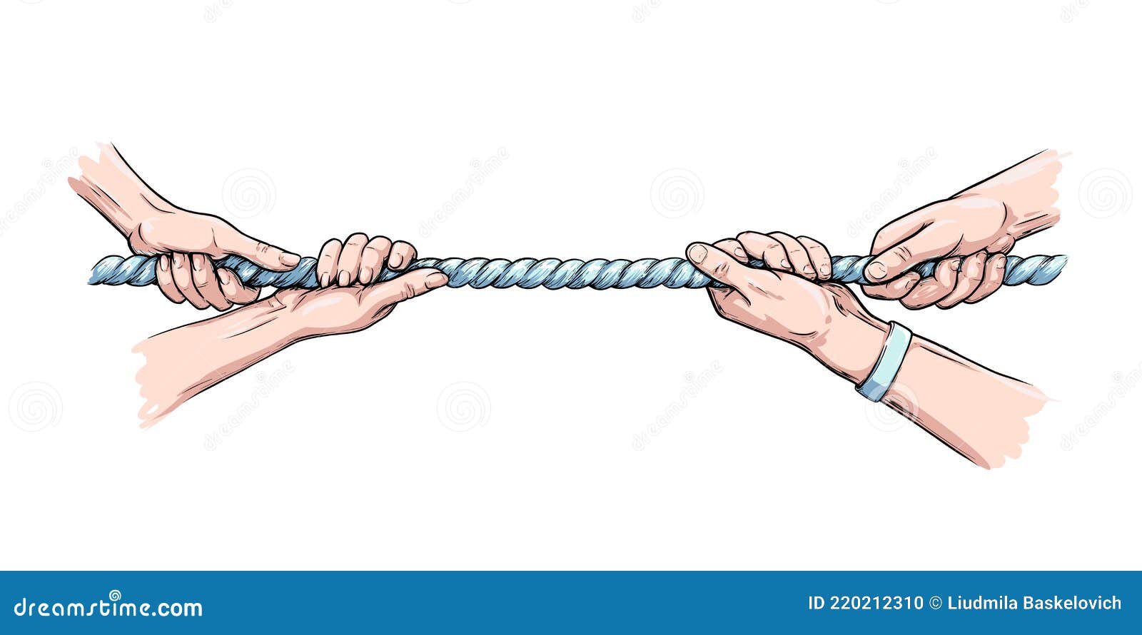 Tug War Competition With Rope. Hands Pulling Rope Together, Teamwork ...