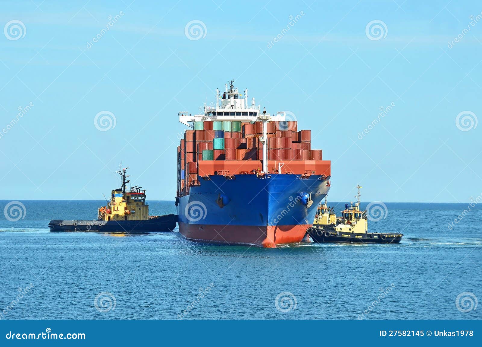 Tugboat Assisting Container Cargo Ship Stock Image - Image of port ...