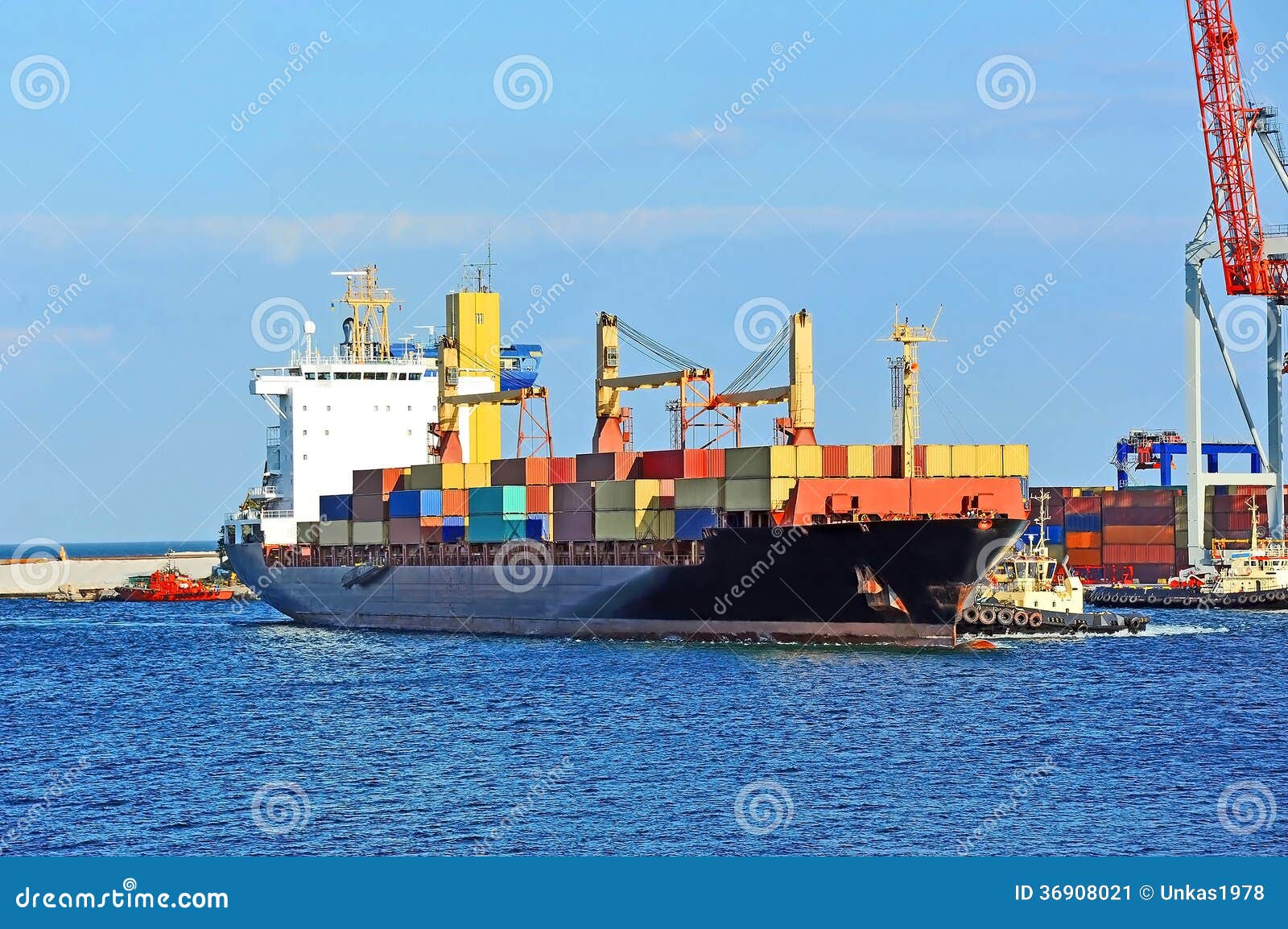 Tugboat Assisting Container Cargo Ship Stock Image - Image of sail ...