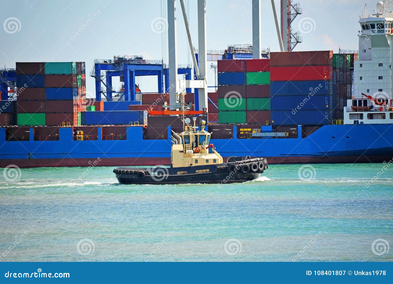 Tugboat Assisting Container Cargo Ship Stock Image - Image of odessa ...
