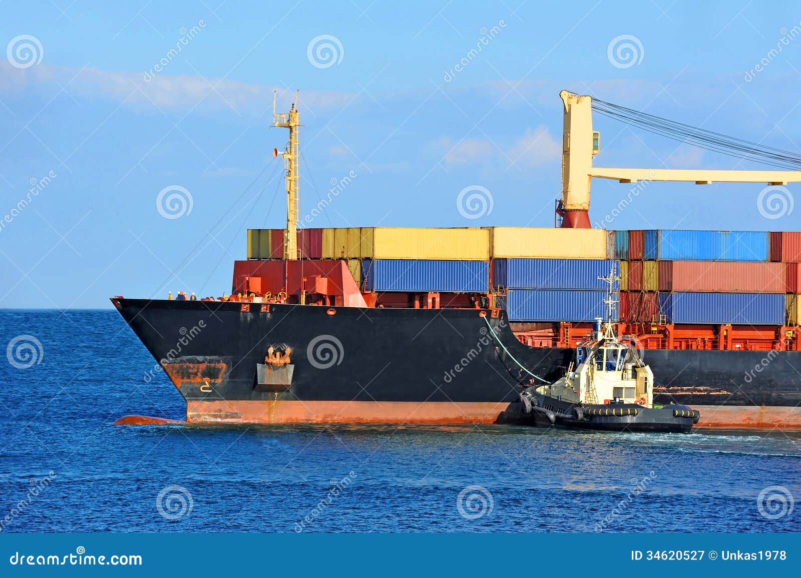Tugboat Assisting Container Cargo Ship Stock Image - Image of boating ...