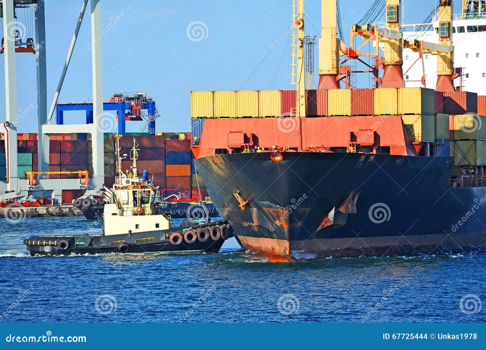 Tugboat Assisting Container Cargo Ship Stock Photo - Image of bulk ...