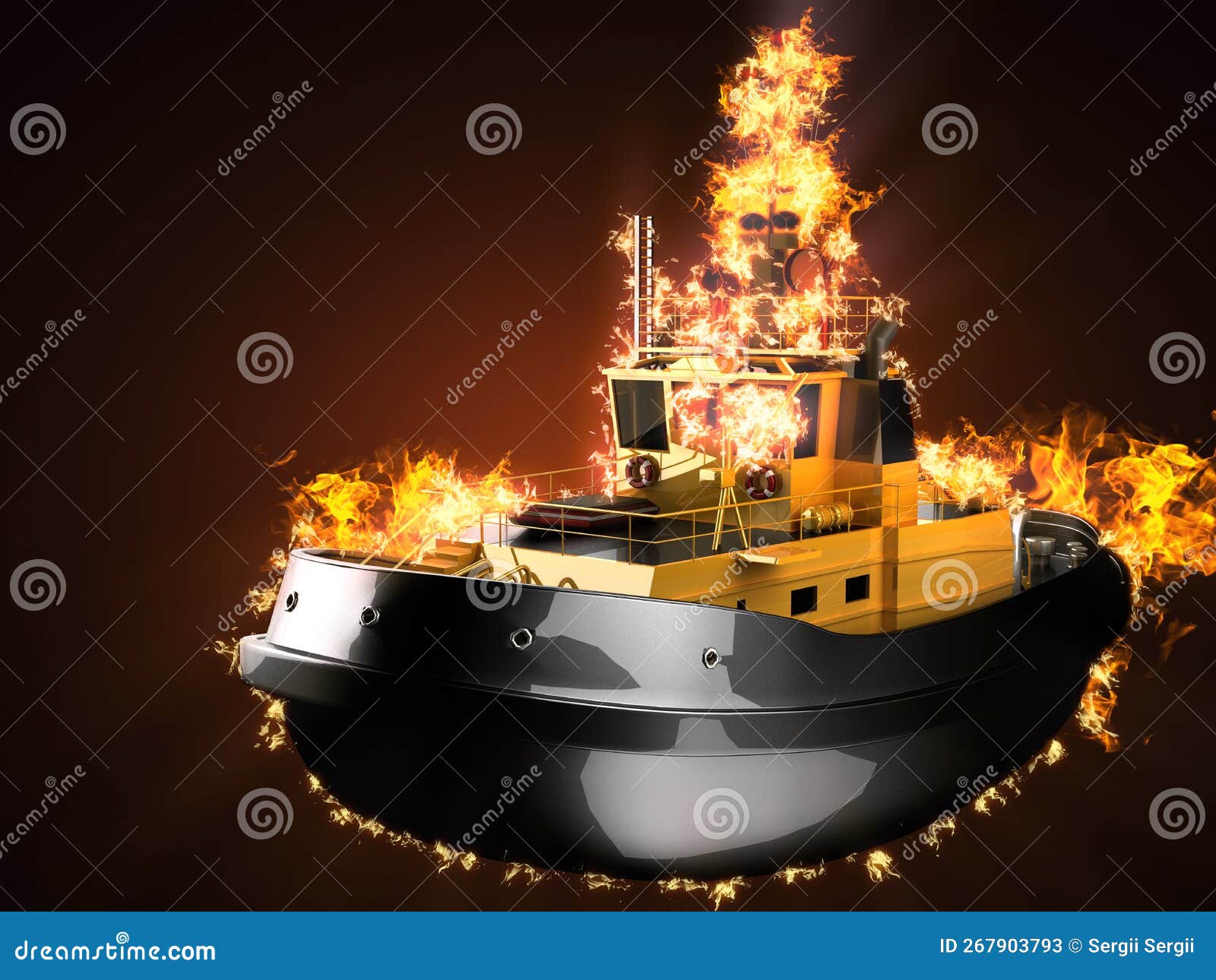 Tugboat in fire stock image. Image of coast, fire, lone - 267903793