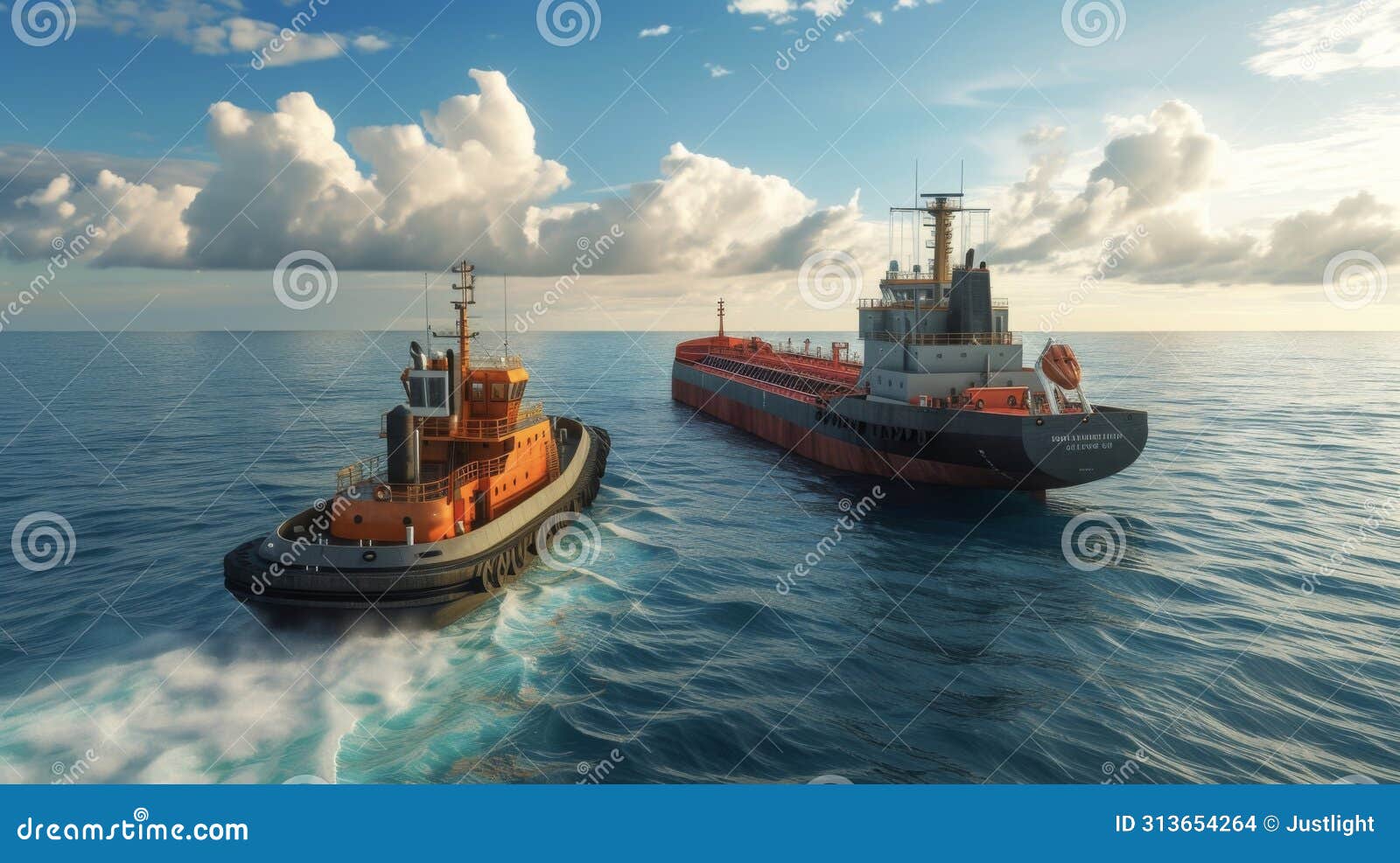 A Tugboat Maneuvers Alongside a Mive Cargo Vessel Isting with the ...