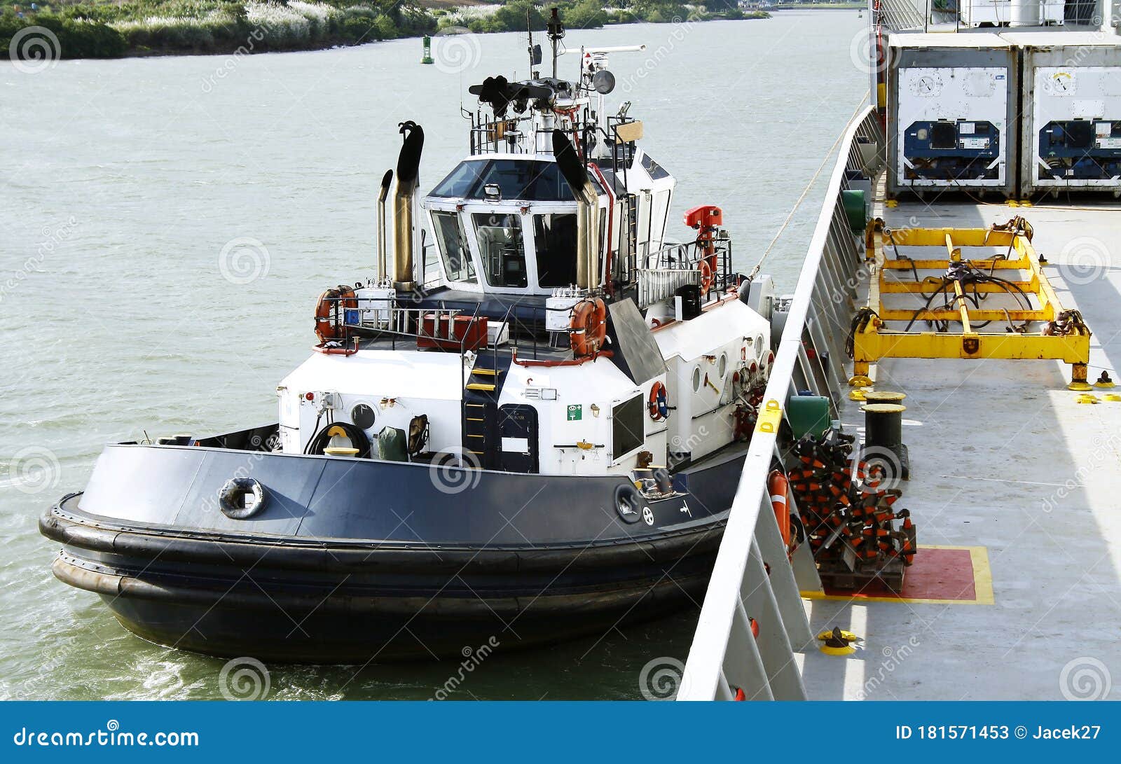 Tugboat Pulling Industrial Ship Stock Image - Image of vessel, business ...