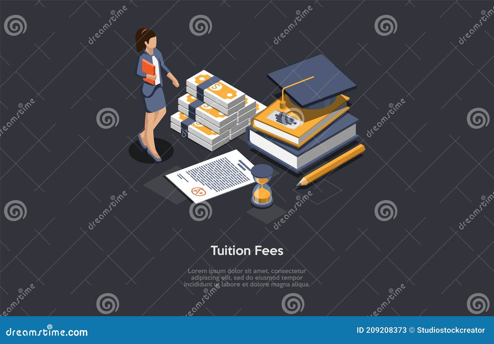 Tuition Fees Concept Vector Illustration in Cartoon 3D Style. Dark ...