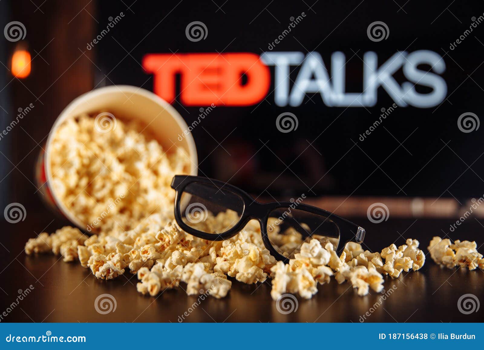 Tula, Russia, 04 May 2020: Ted Talks on the TV Screen. Popcorn and ...