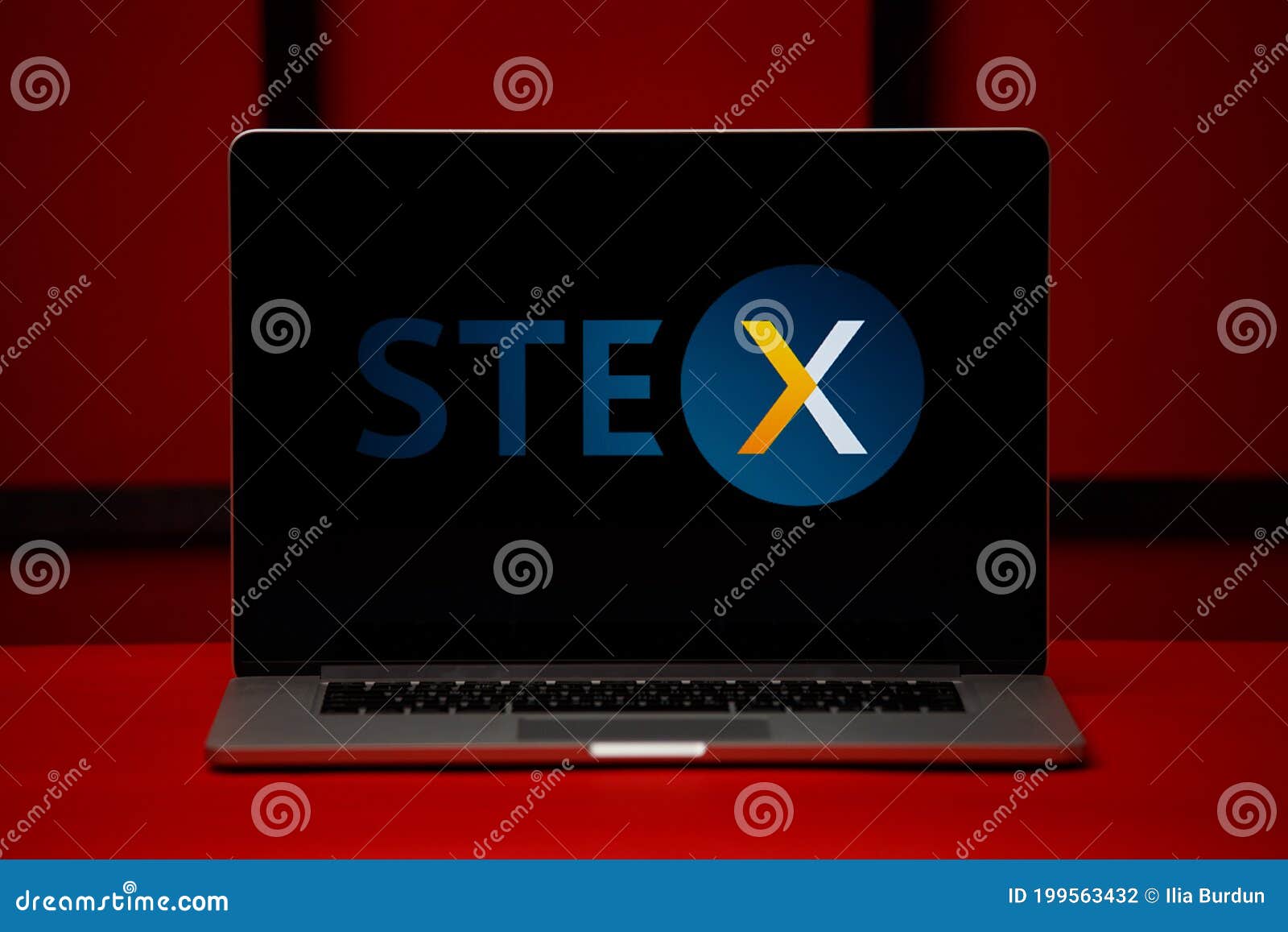 Tula 06.02.2020 STEX Logo on the Laptop Screen Isolated on the Red ...
