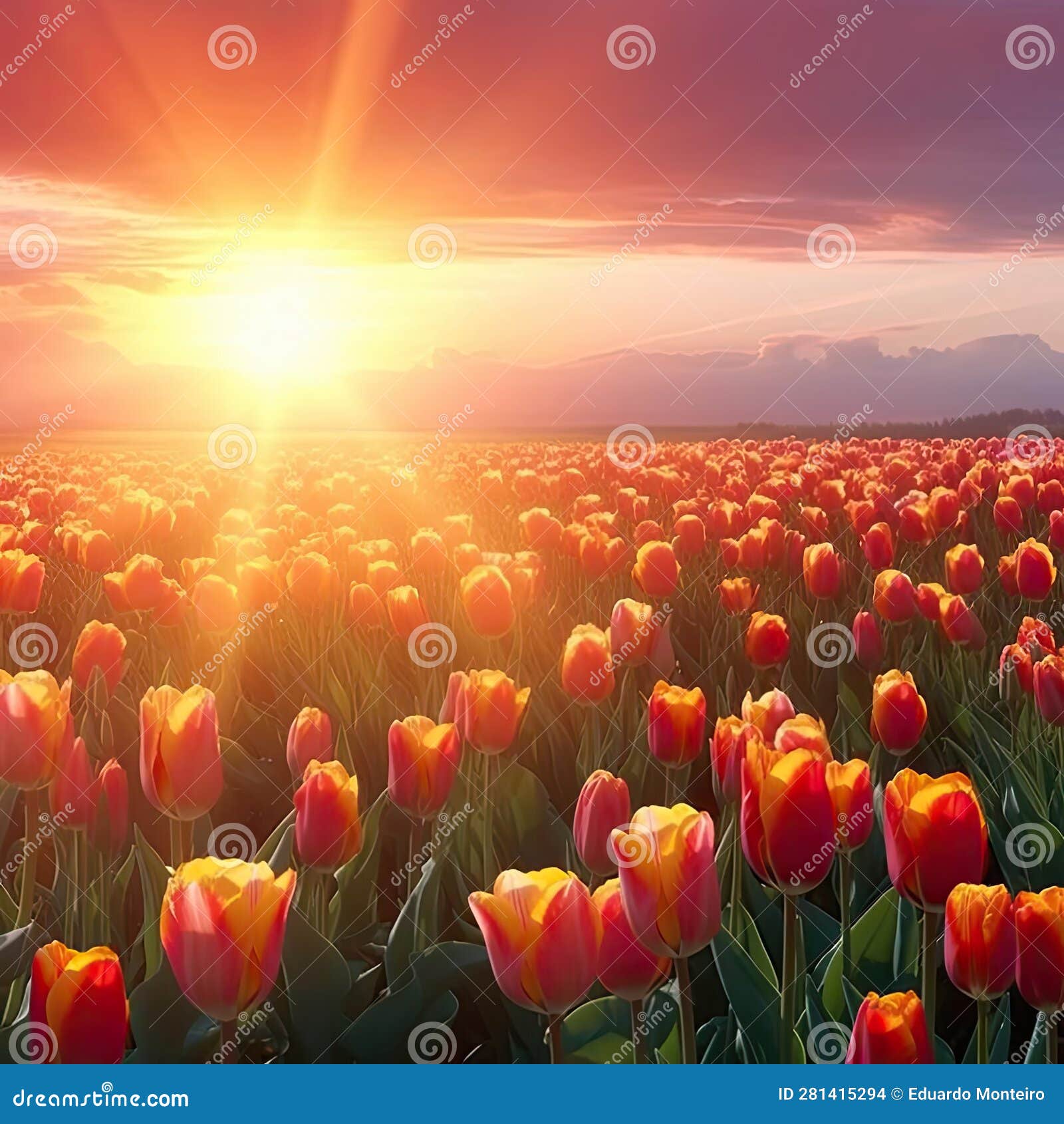 Tulip Field at Sunset - Beautiful Spring Landscape Stock Illustration ...