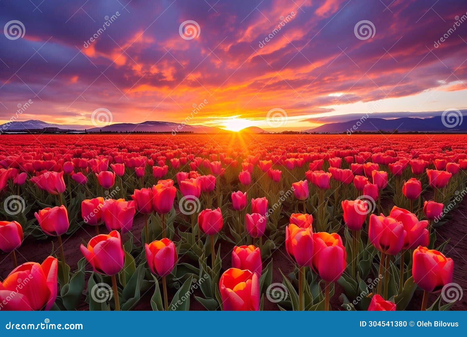 Tulip field at sunset stock photo. Image of blooming - 304541380