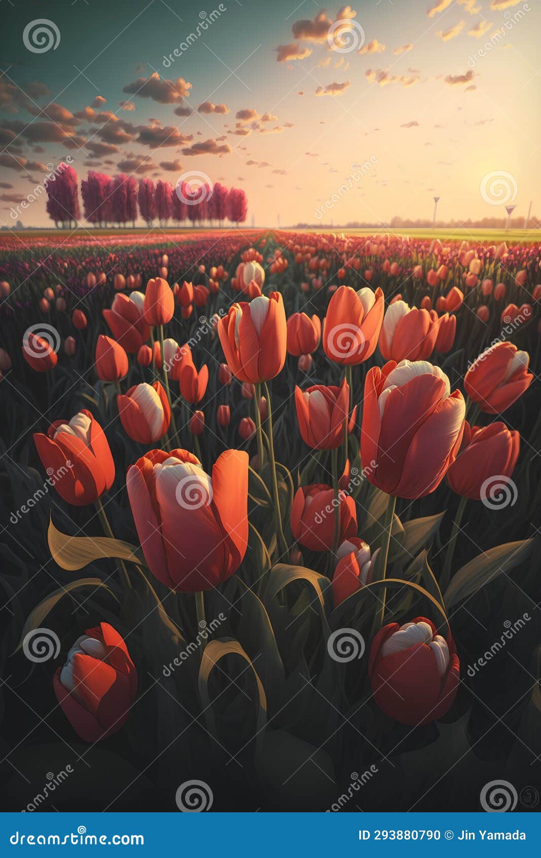 Tulip Field at Sunset. Spring Landscape Stock Illustration ...