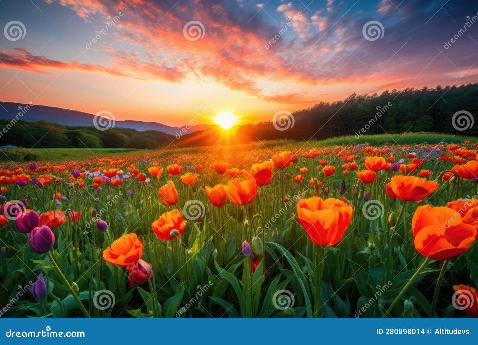 Tulip Field at Sunset, with the Sun Setting Behind the Colorful Blooms ...