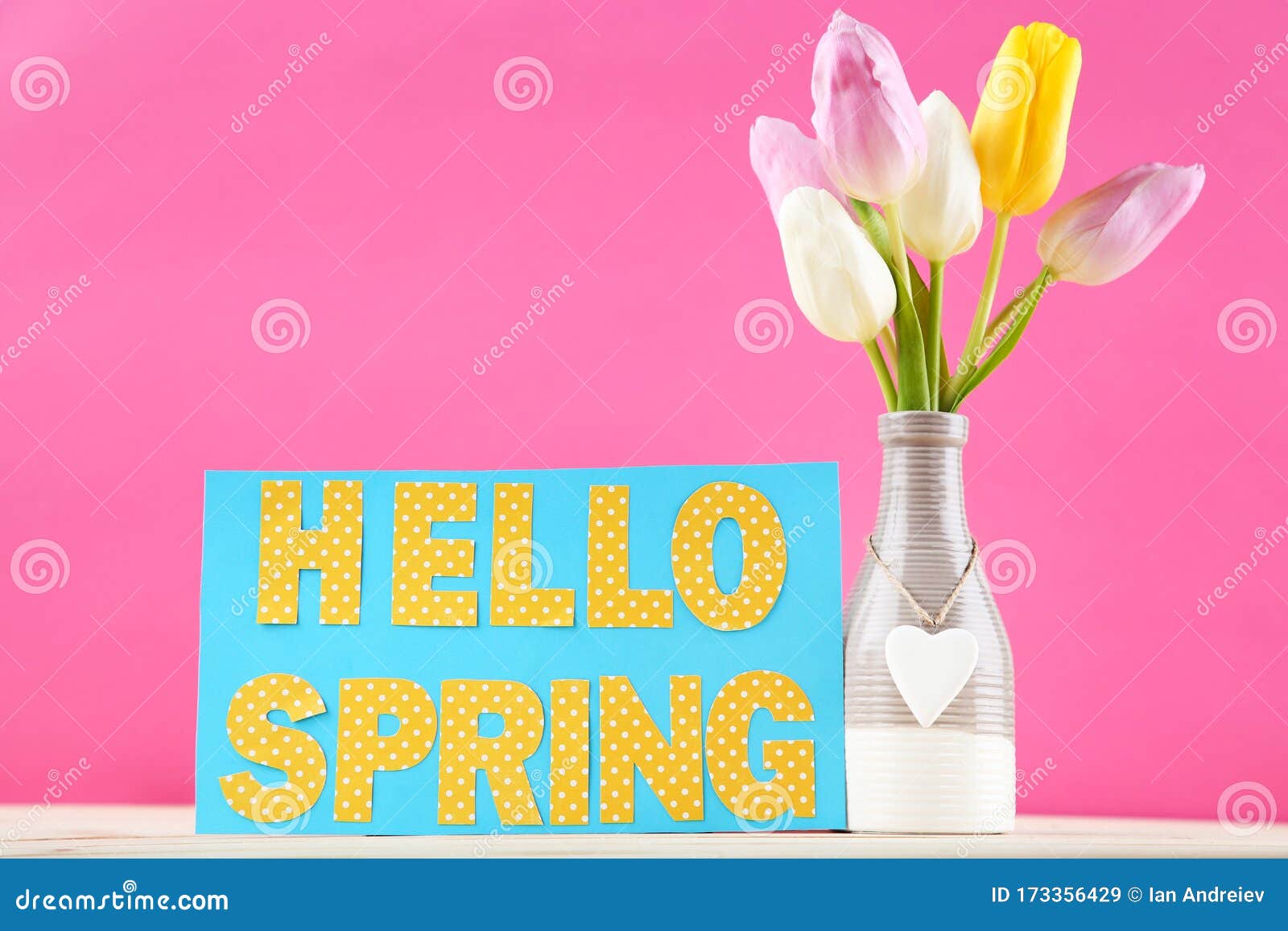 Tulip Flowers in Vase with Text Hello Spring Stock Image - Image of ...