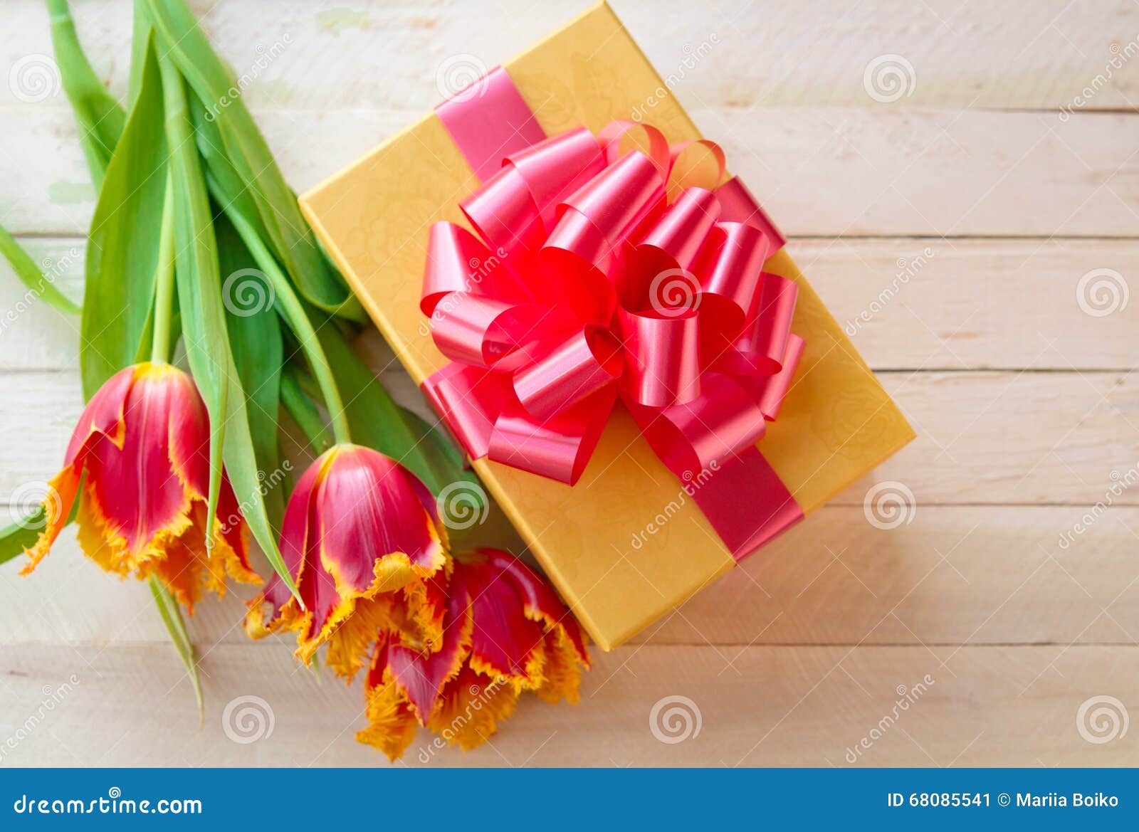 Tulips and gift in a box stock image. Image of bright - 68085541