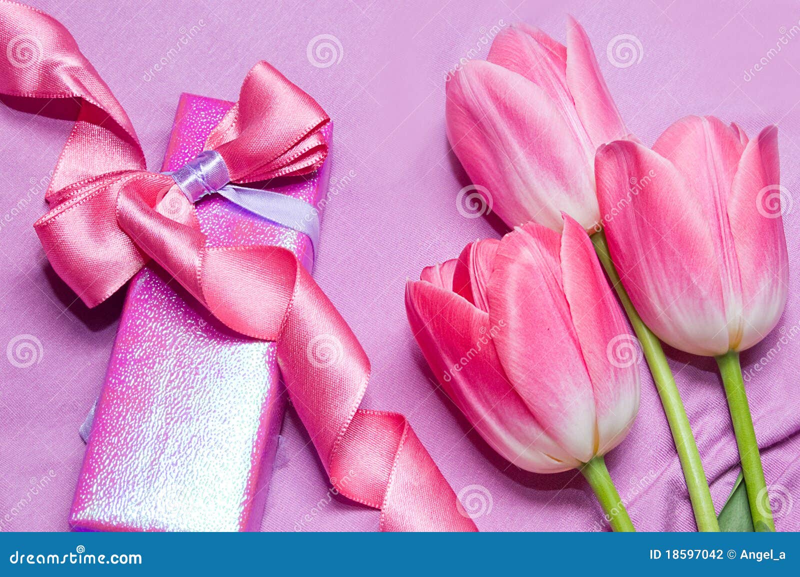 Tulips and Gift Box with Ribbon Stock Photo - Image of blossom, luxury ...