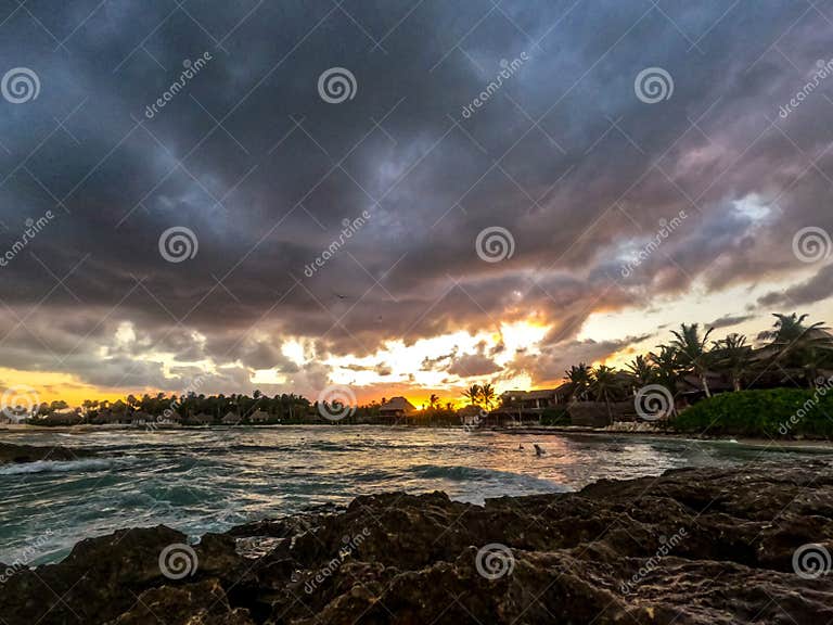 Tulum Beach Mexico Sunset Cloudy Sky Stock Image - Image of beach ...