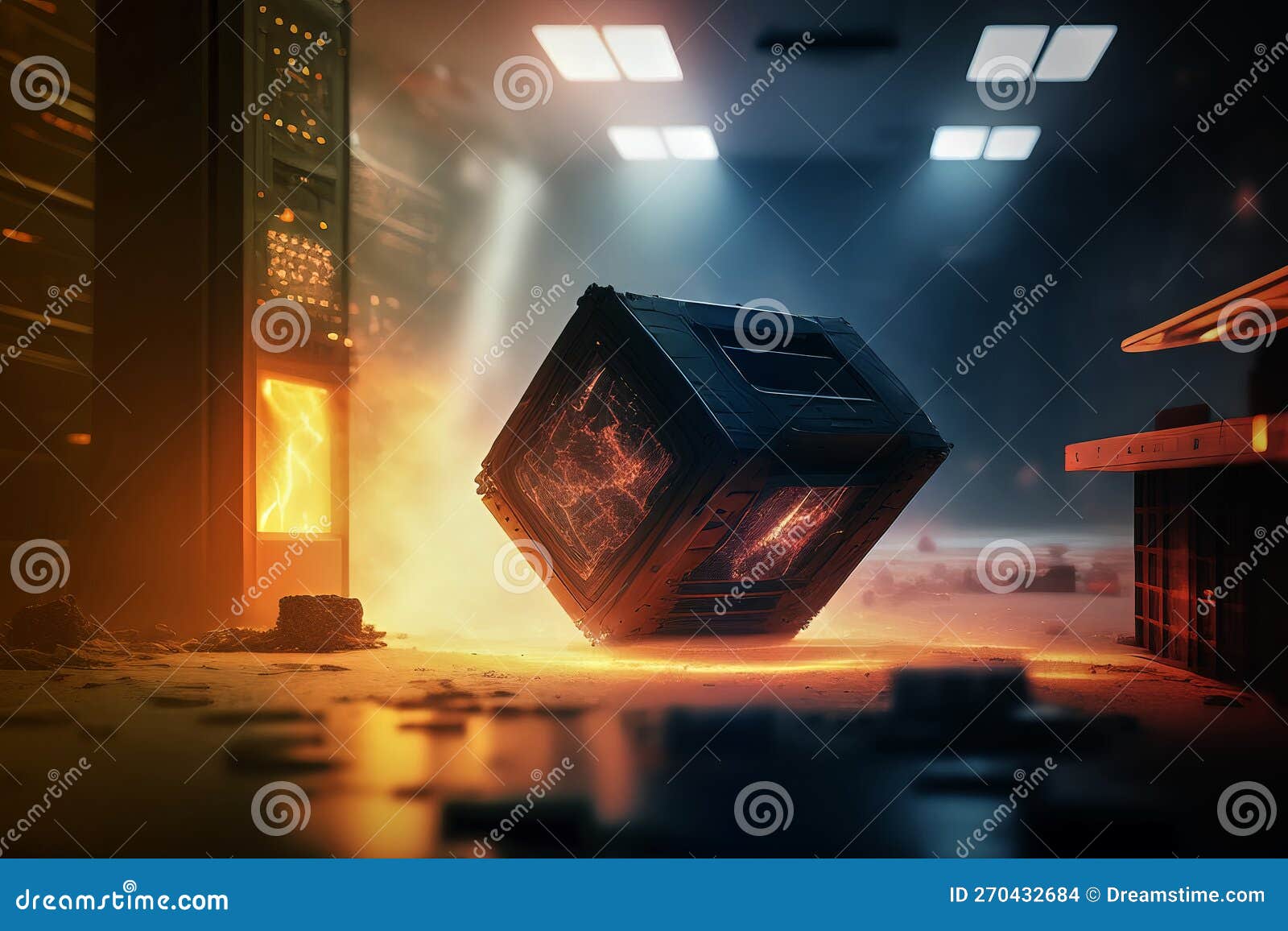 Tumbled Large Cube-shaped Computer in a Room with Computers Where a ...