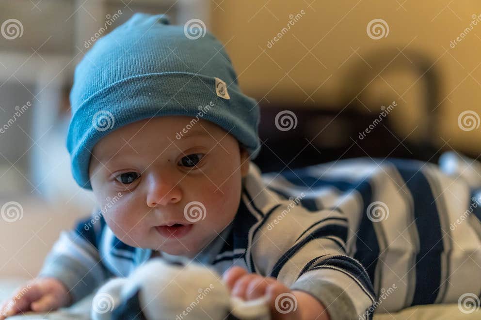 Tummy Time with 4 Month Old Baby Boy Stock Image - Image of happy ...