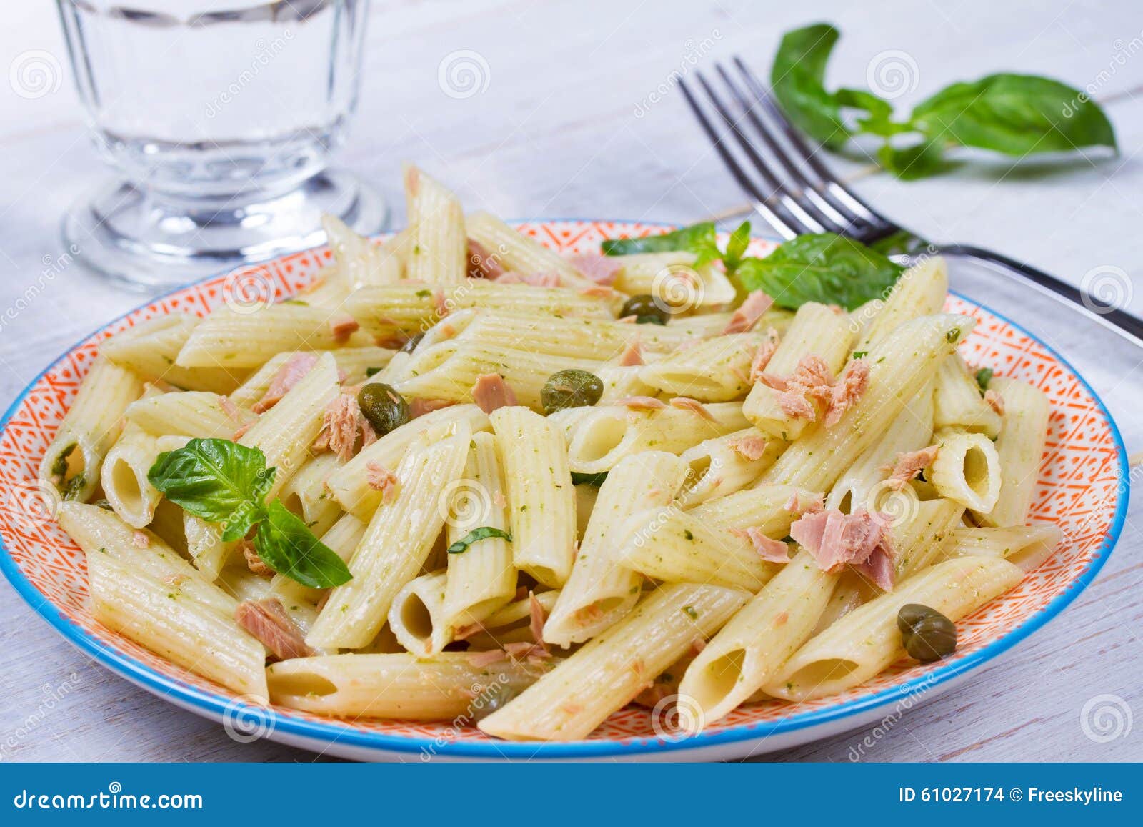 Tuna, Basil and Caper Penne. Stock Photo - Image of basil, closeup ...