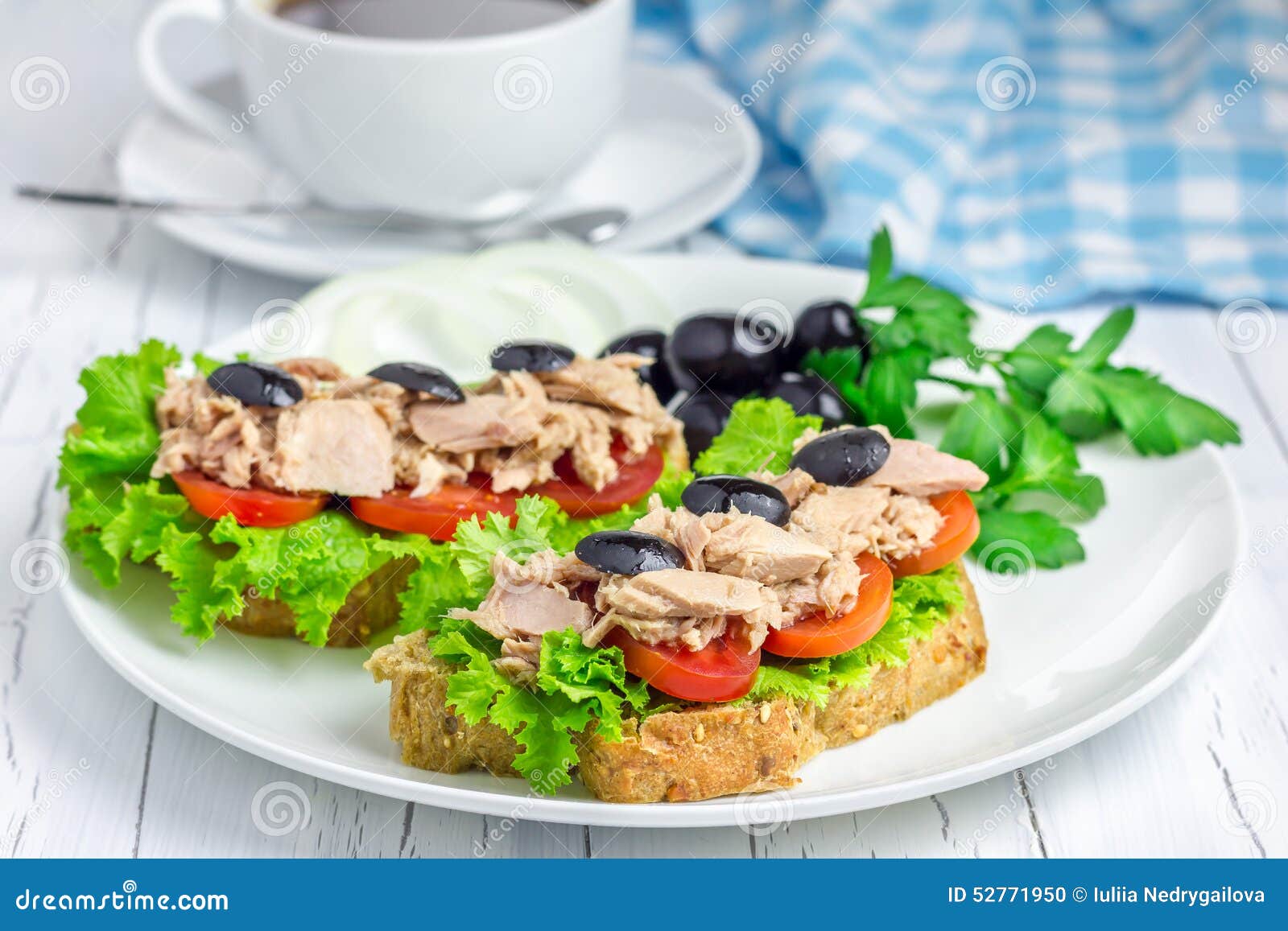 Tuna Fish Sandwiches on the White Plate Stock Photo - Image of salad ...