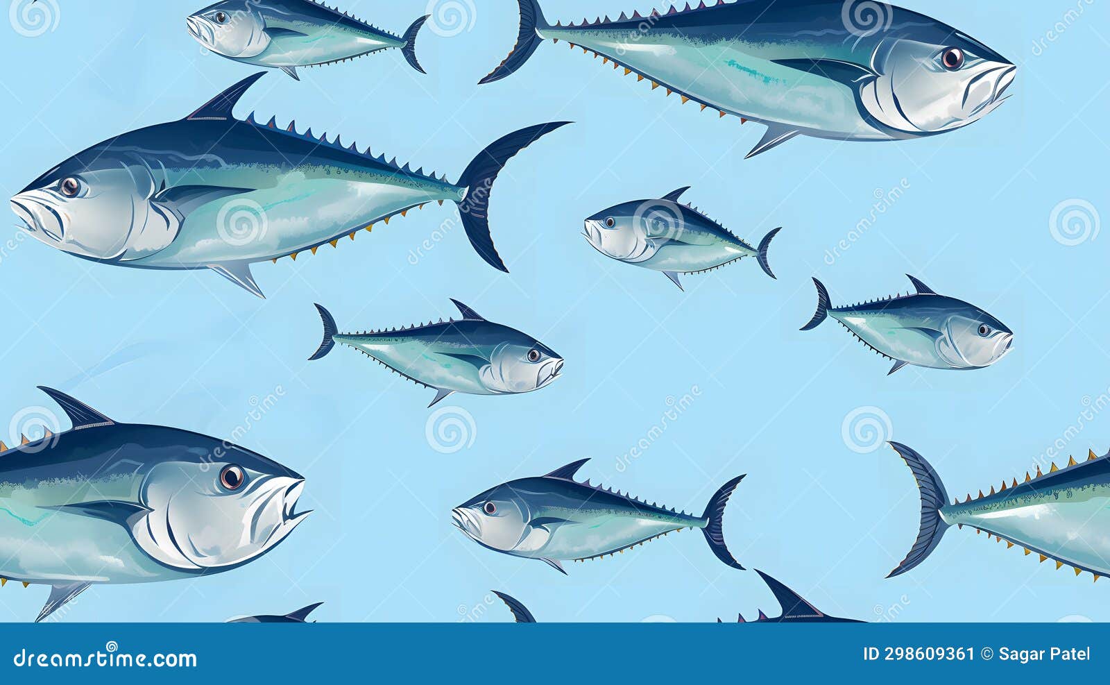 Tuna Fish Seamless Pattern on a Blue Background Stock Illustration ...